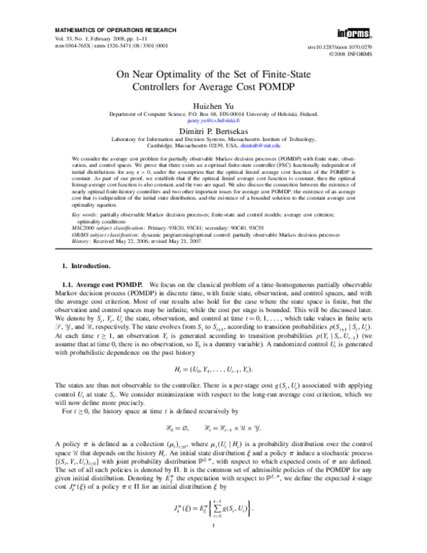 (PDF) On Near Optimality of the Set of Finite-State Controllers for Average Cost POMDP