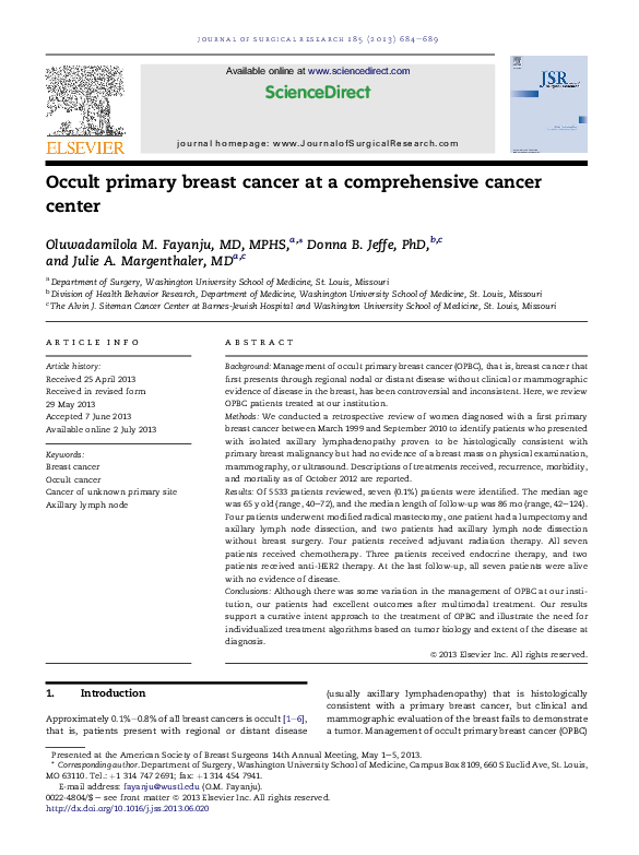 (PDF) Occult primary breast cancer at a comprehensive cancer center