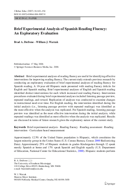 (PDF) Brief Experimental Analysis of Spanish Reading Fluency: An ...