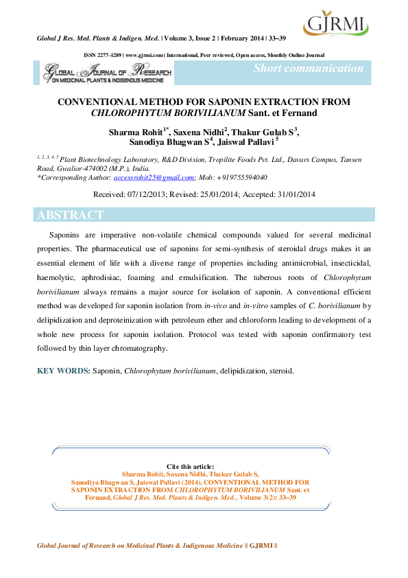 (PDF) CONVENTIONAL METHOD FOR SAPONIN EXTRACTION FROM CHLOROPHYTUM ...