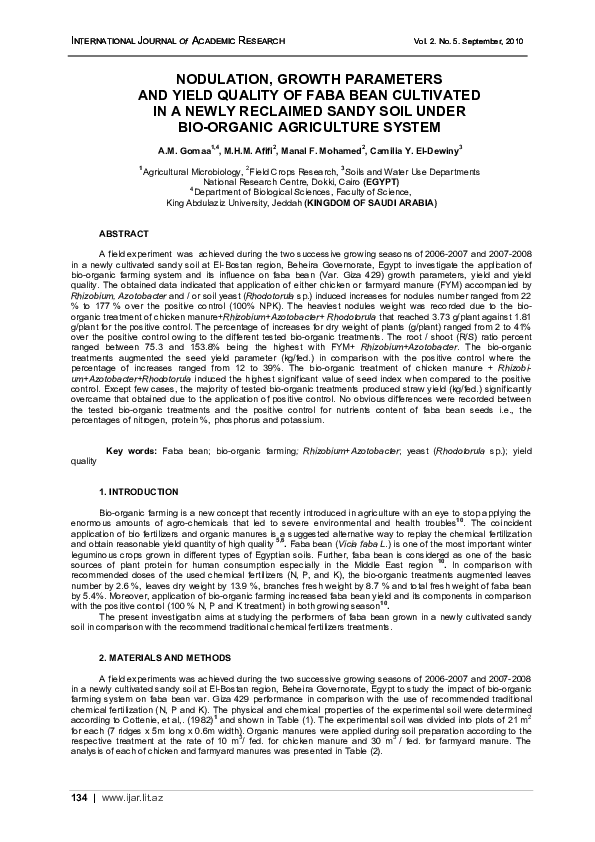 (PDF) NODULATION, GROWTH PARAMETERS AND YIELD QUALITY OF FABA BEAN CULTIVATED IN A NEWLY ...