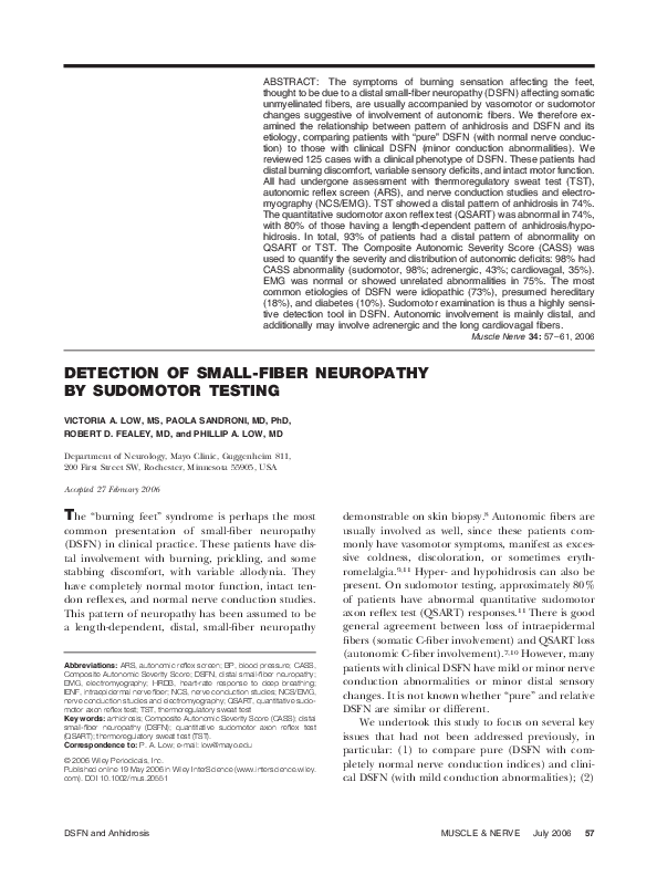 Pdf Detection Of Small Fiber Neuropathy By Sudomotor Testing
