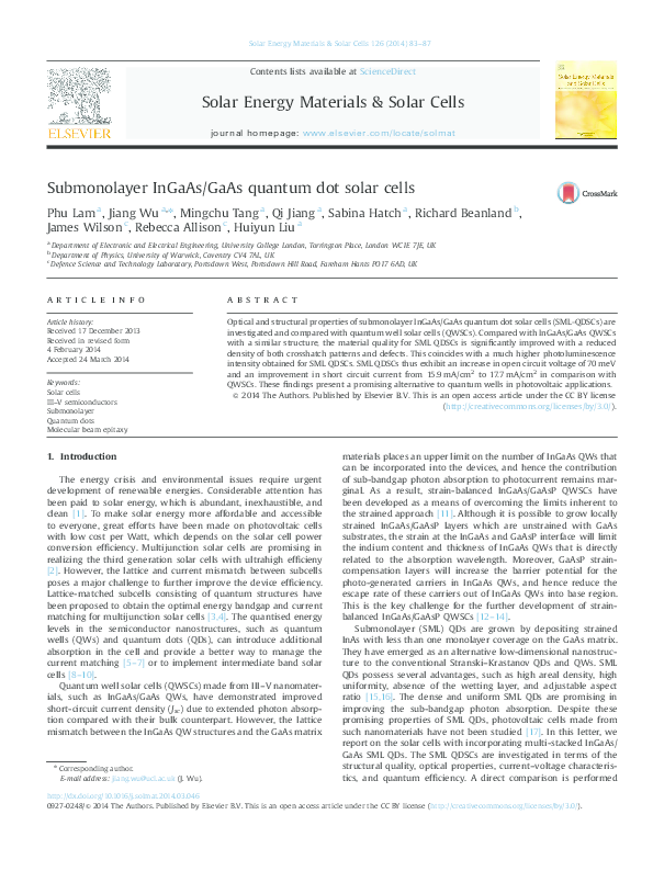 (PDF) Submonolayer InGaAs/GaAs quantum dot solar cells