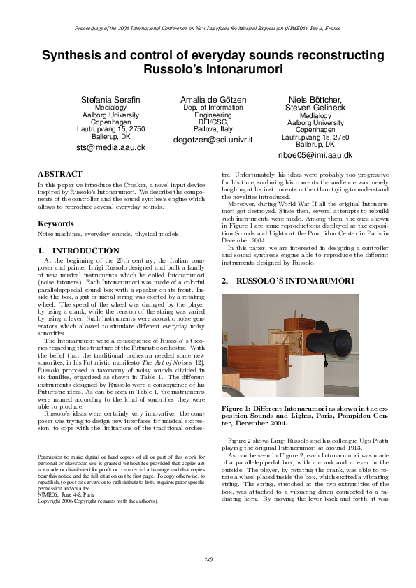 (PDF) Synthesis and control of everyday sound reconstructing Russolo's Intonarumori | Steven ...