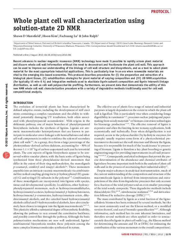 (PDF) Whole plant cell wall characterization using solution-state 2D NMR