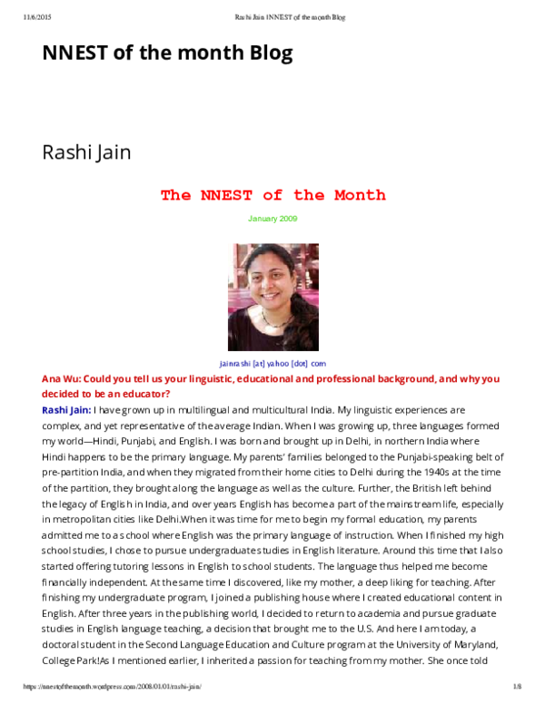 (PDF) The NNEST of the Month: Rashi Jain