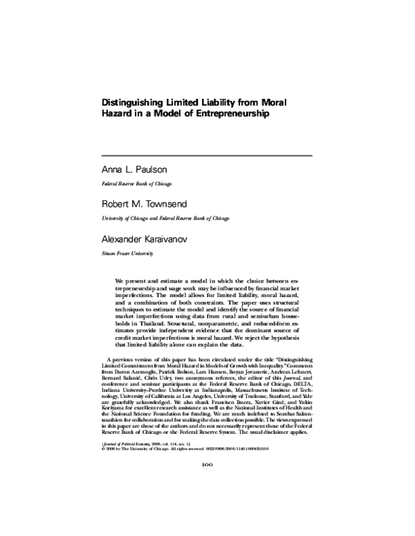 (PDF) Distinguishing Limited Liability from Moral Hazard in a Model of ...
