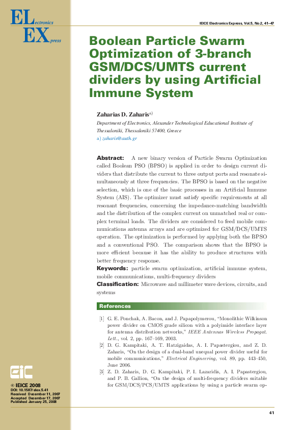 Pdf Boolean Particle Swarm Optimization Of 3 Branch Gsmdcsumts Current Dividers By Using