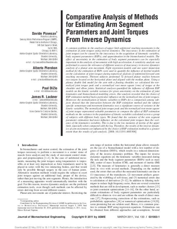 (PDF) Comparative Analysis of Methods for Estimating Arm Segment Parameters and Joint Torques ...