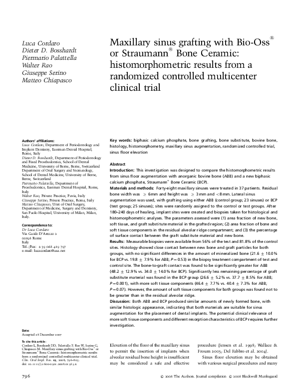 (PDF) Maxillary sinus grafting with Bio-Oss ® or Straumann ® Bone ...