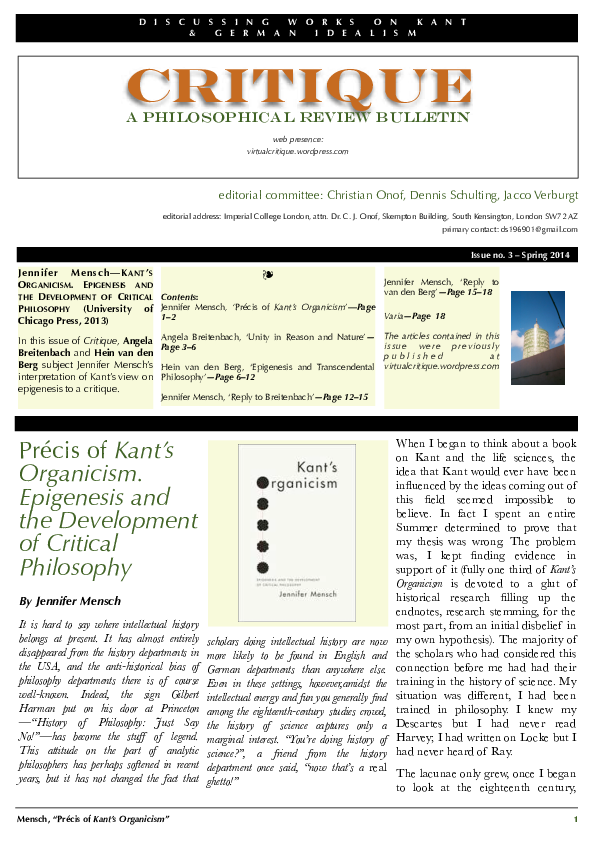 (PDF) Kant's Organicism-An Overview and Response to Two Critics ...