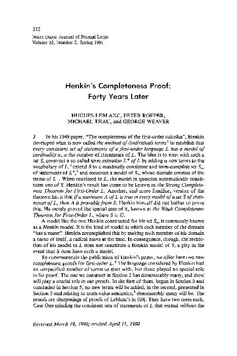 (PDF) Henkin's completeness proof: forty years later