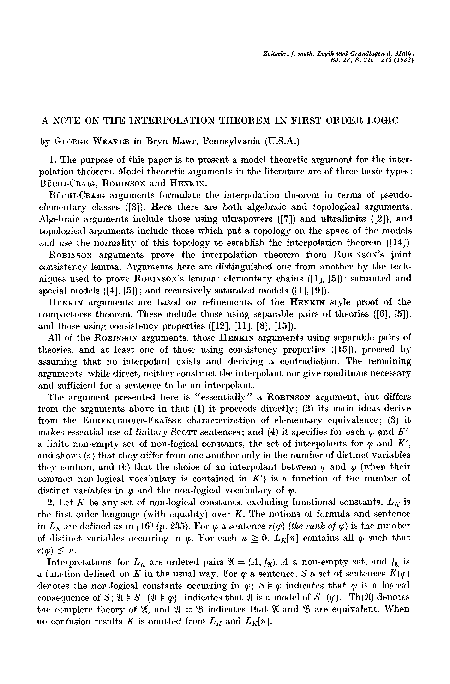 Pdf A Note On The Interpolation Theorem In First Order Logic George Weaver