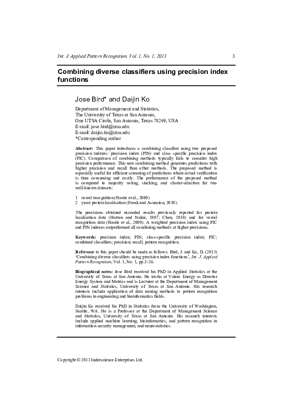 (PDF) Combining diverse classifiers using precision index functions