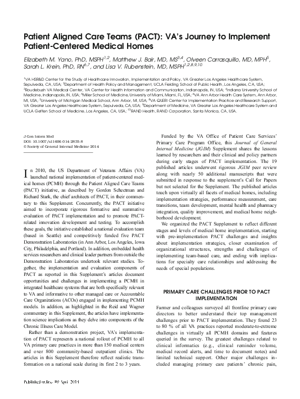 (PDF) Patient Aligned Care Teams (PACT): VA’s Journey to Implement ...