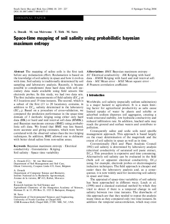 (PDF) Space-time mapping of soil salinity using probabilistic bayesian maximum entropy
