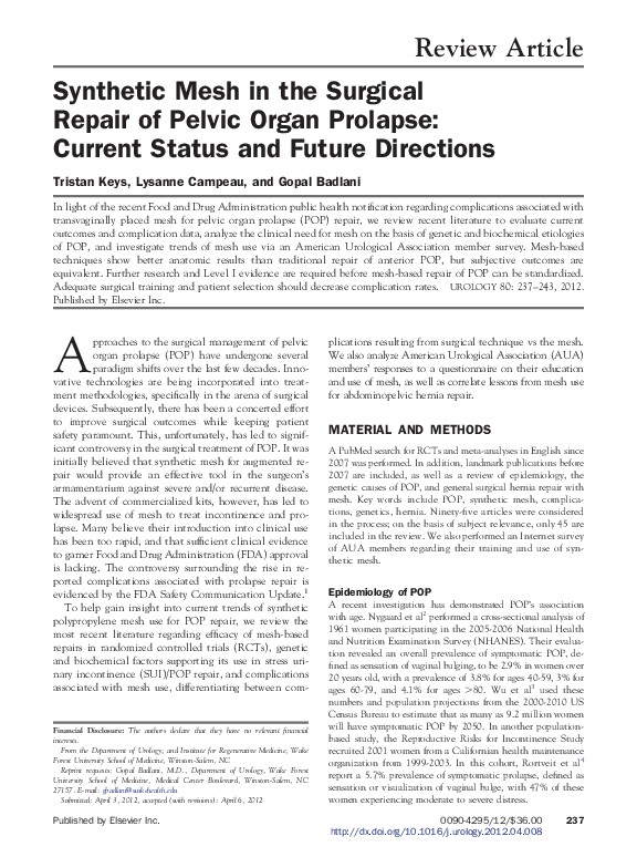 (PDF) Synthetic Mesh in the Surgical Repair of Pelvic Organ Prolapse ...