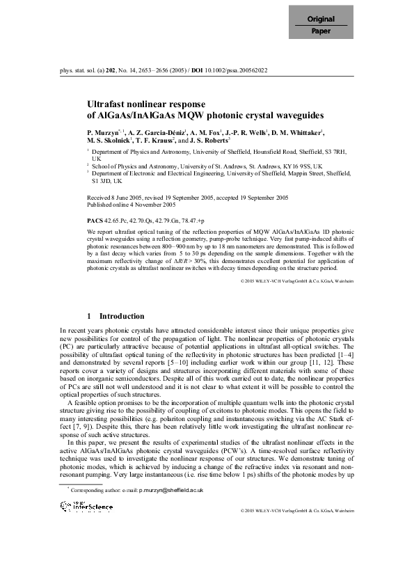 (PDF) Ultrafast nonlinear response of AlGaAs/InAlGaAs MQW photonic crystal waveguides