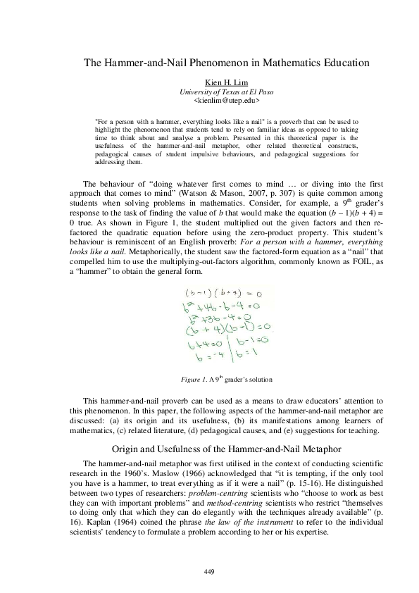 (PDF) The Hammer-and-Nail Phenomenon in Mathematics Education