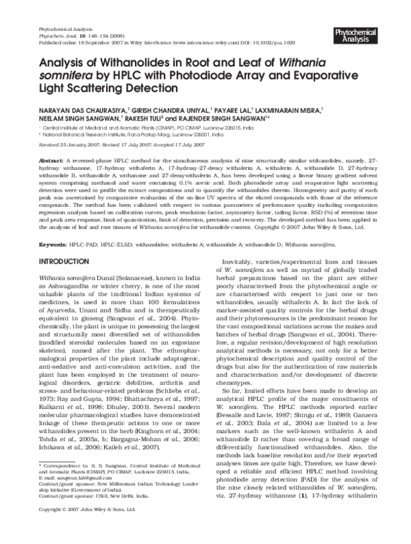 (PDF) Analysis of withanolides in root and leaf ofWithania somnifera by HPLC with photodiode ...