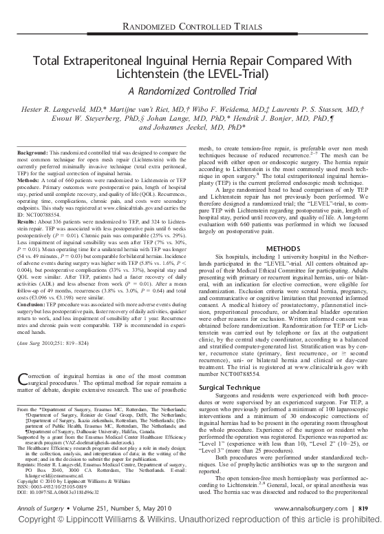 (PDF) Total Extraperitoneal Inguinal Hernia Repair Compared With Lichtenstein (the LEVEL-Trial)