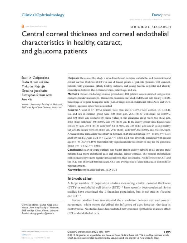 (PDF) Central corneal thickness and corneal endothelial characteristics in healthy, cataract ...