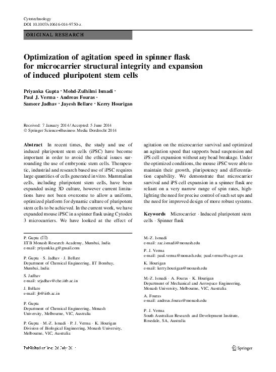 (PDF) Optimization of agitation speed in spinner flask for microcarrier ...
