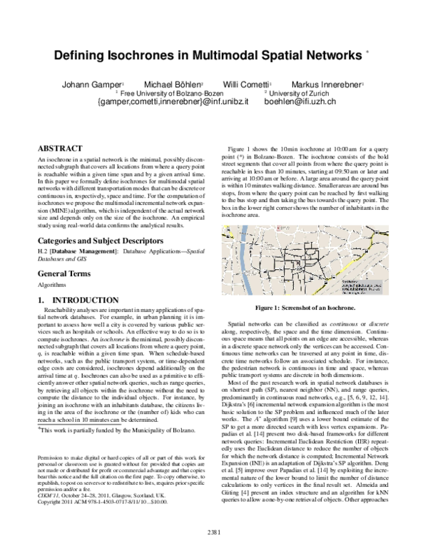 Pdf Defining Isochrones In Multimodal Spatial Networks Michael Böhlen And Johann Gamper
