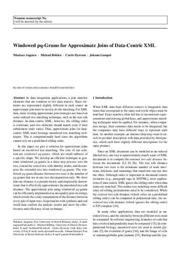 (PDF) Windowed pq-grams for approximate joins of data-centric XML | Johann Gamper and Michael ...
