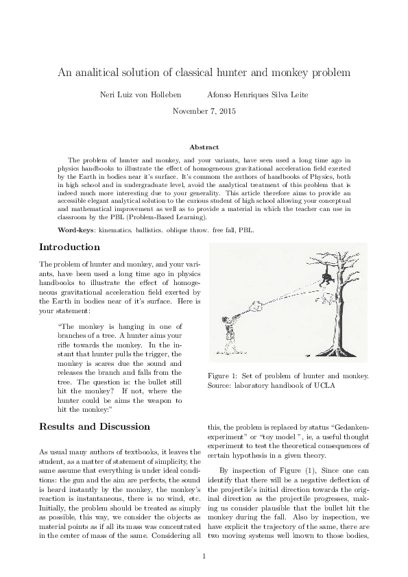 (PDF) An analitical solution of classical hunter and monkey problem