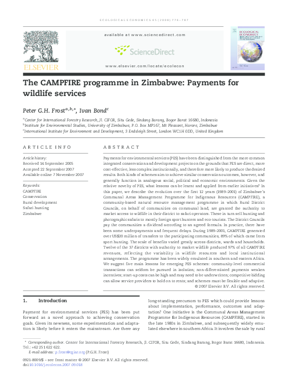 (PDF) The CAMPFIRE programme in Zimbabwe: Payments for wildlife services