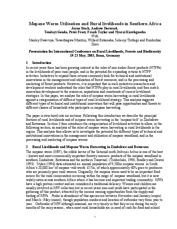 (PDF) Mopane Worm Utilisation and Rural livelihoods in Southern Africa