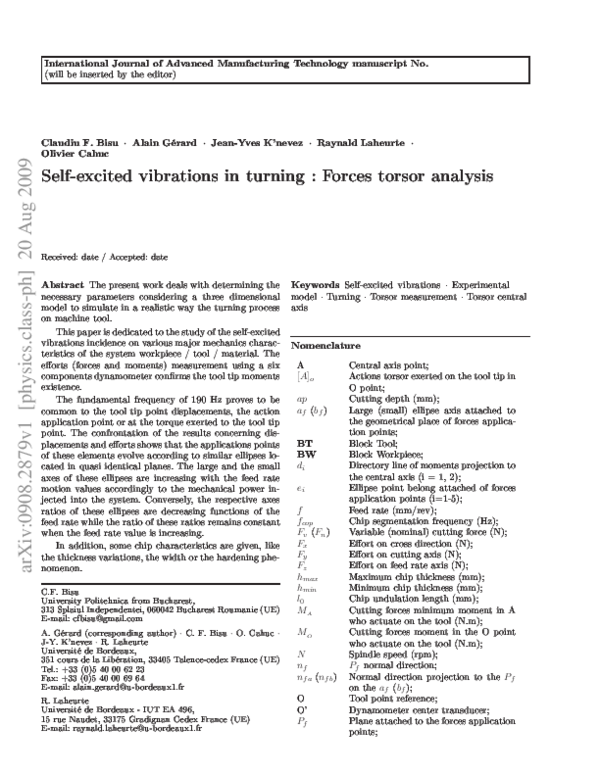 (PDF) Self-excited vibrations in turning: forces torsor analysis