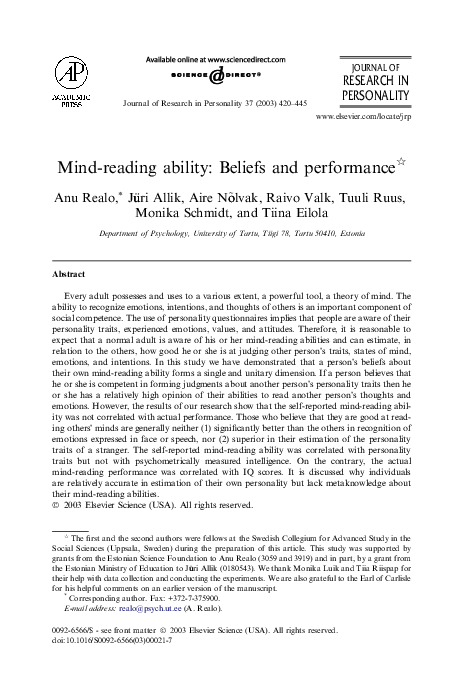 (PDF) Mind-reading ability: Beliefs and performance