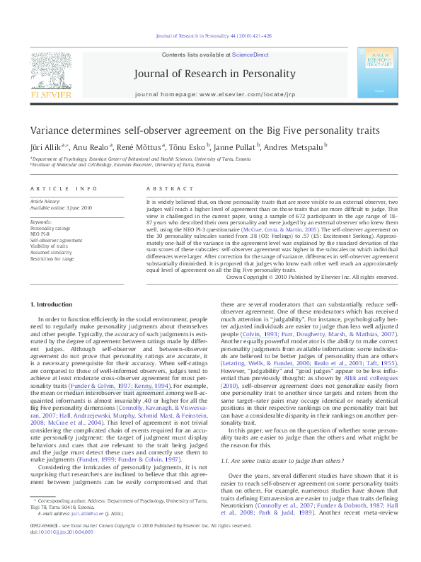 (PDF) Variance determines self-observer agreement on the Big Five ...