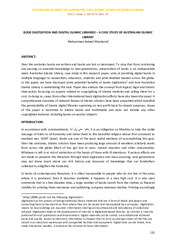 (PDF) BOOK DIGITIZATION AND DIGITAL ISLAMIC LIBRARIES – A CASE STUDY OF ...