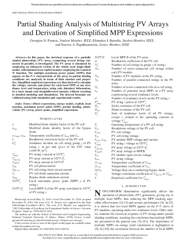(PDF) Partial Shading Analysis of Multistring PV Arrays and Derivation of Simplified MPP Expressions