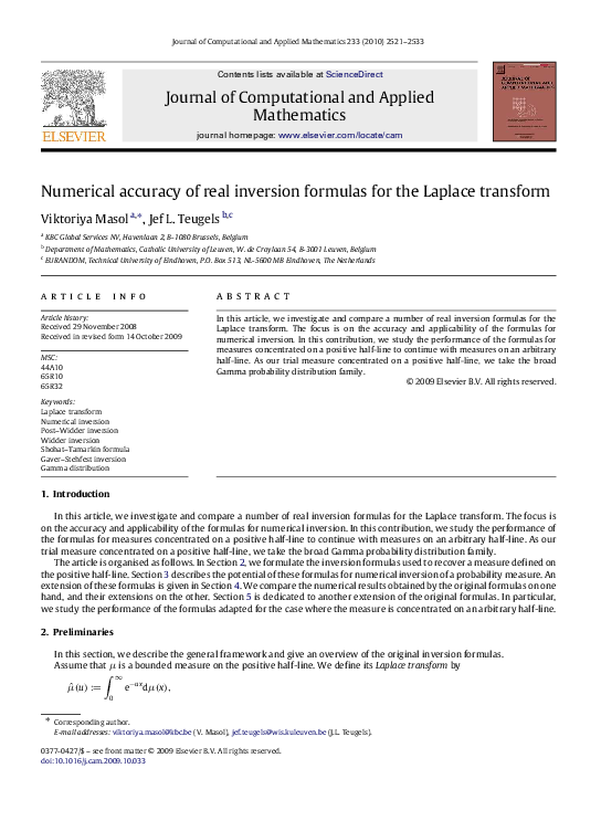 Pdf Numerical Accuracy Of Real Inversion Formulas For The Laplace Transform