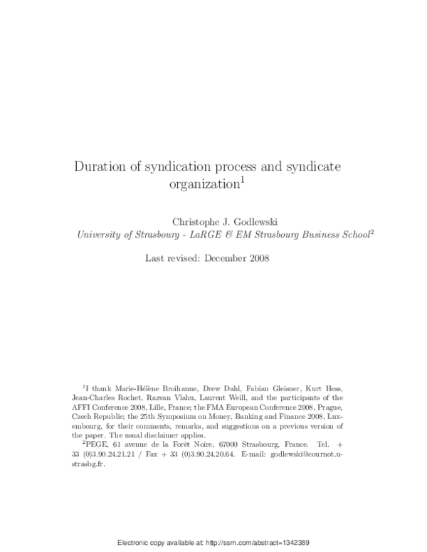 (PDF) Duration of Syndication Process and Syndicate Organization