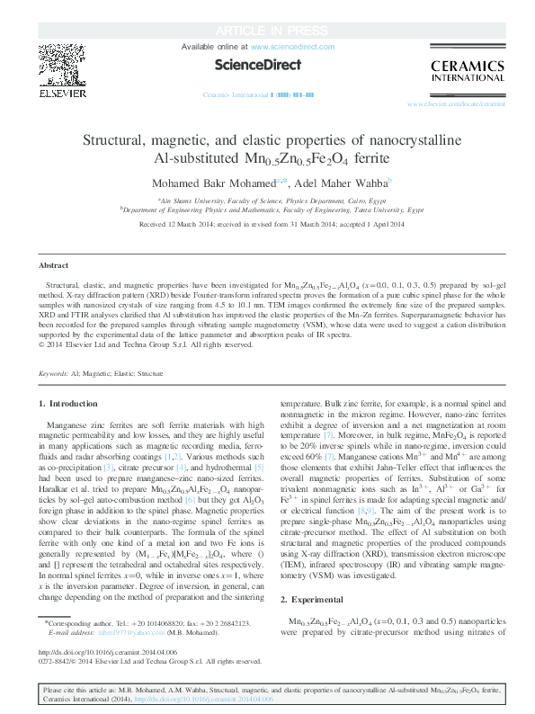 (PDF) Structural, magnetic, and elastic properties of nanocrystalline Al-substituted Mn0.5Zn0 ...