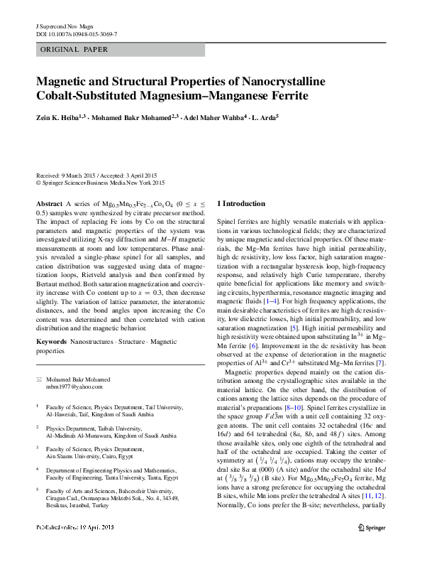 (PDF) Magnetic and Structural Properties of Nanocrystalline Cobalt-Substituted Magnesium ...