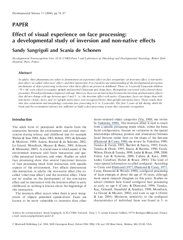 (PDF) Effect of visual experience on face processing: a developmental study of inversion and non ...