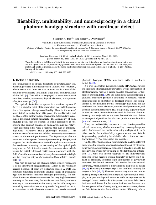 (PDF) Bistability, multistability, and nonreciprocity in a chiral photonic bandgap structure ...
