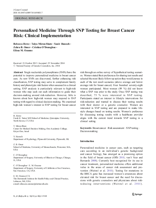 (PDF) Personalized Medicine Through SNP Testing for Breast Cancer Risk ...