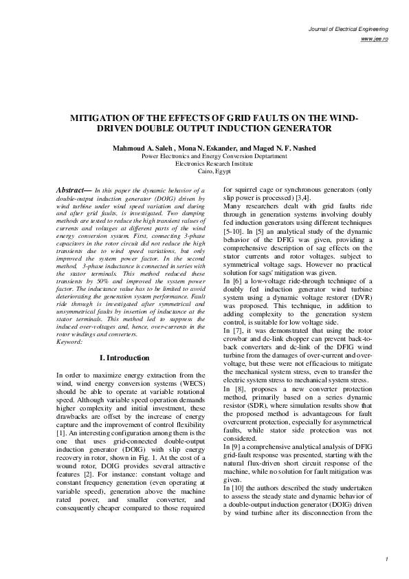 Pdf Mitigation Of The Effects Of Grid Faults On The Wind Driven Double Output Induction