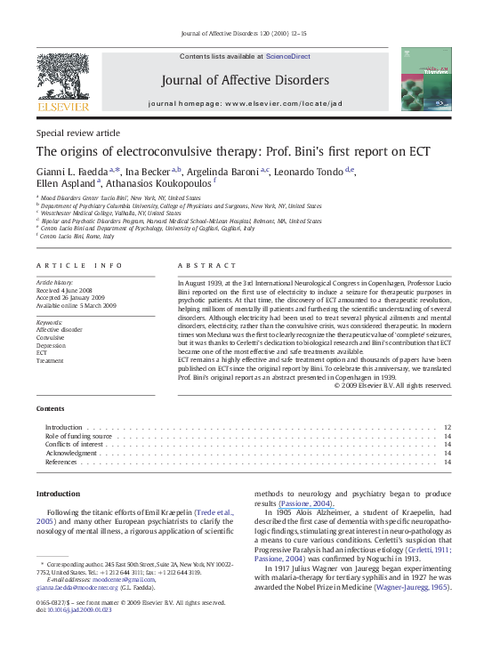 (PDF) The origins of electroconvulsive therapy: Prof. Bini's first ...