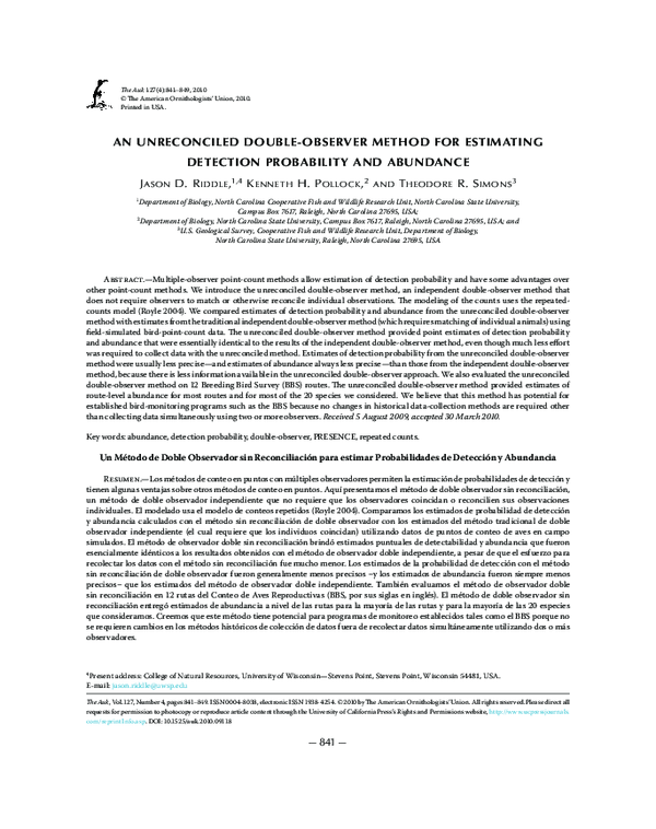 Pdf An Unreconciled Double Observer Method For Estimating Detection