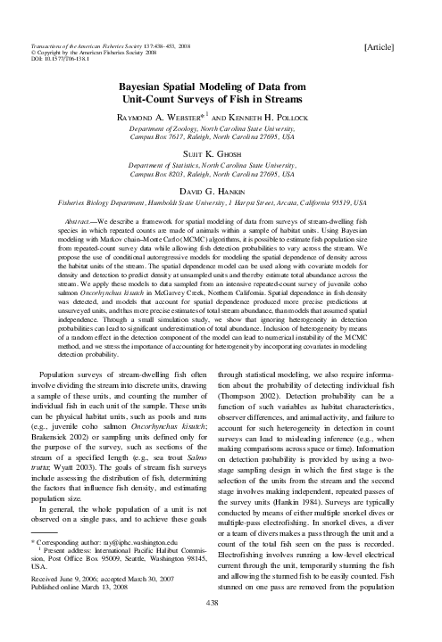 (PDF) Bayesian Spatial Modeling of Data from Unit-Count Surveys of Fish in Streams