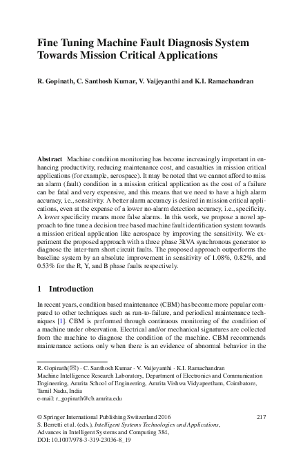 (PDF) Fine Tuning Machine Fault Diagnosis System Towards Mission Critical Applications