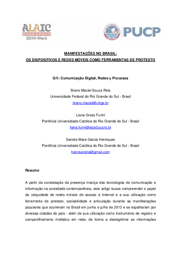 (PDF) MANIFESTAÇÕES NO BRASIL: OS DISPOSITIVOS E REDES MÓVEIS COMO ...
